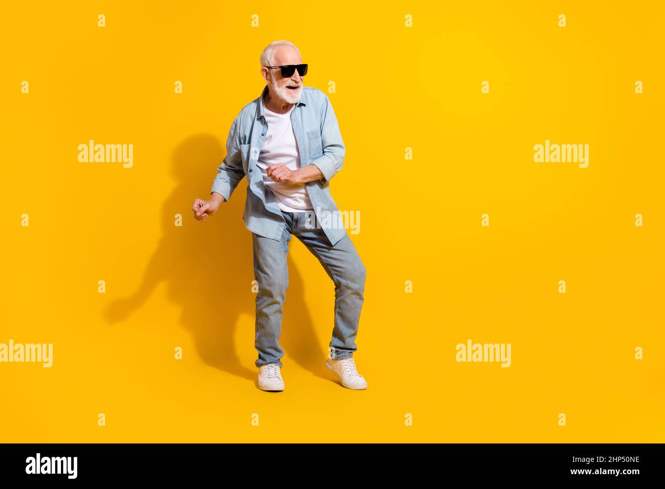 Full length body size view of attractive cheerful funky grey-haired man ...