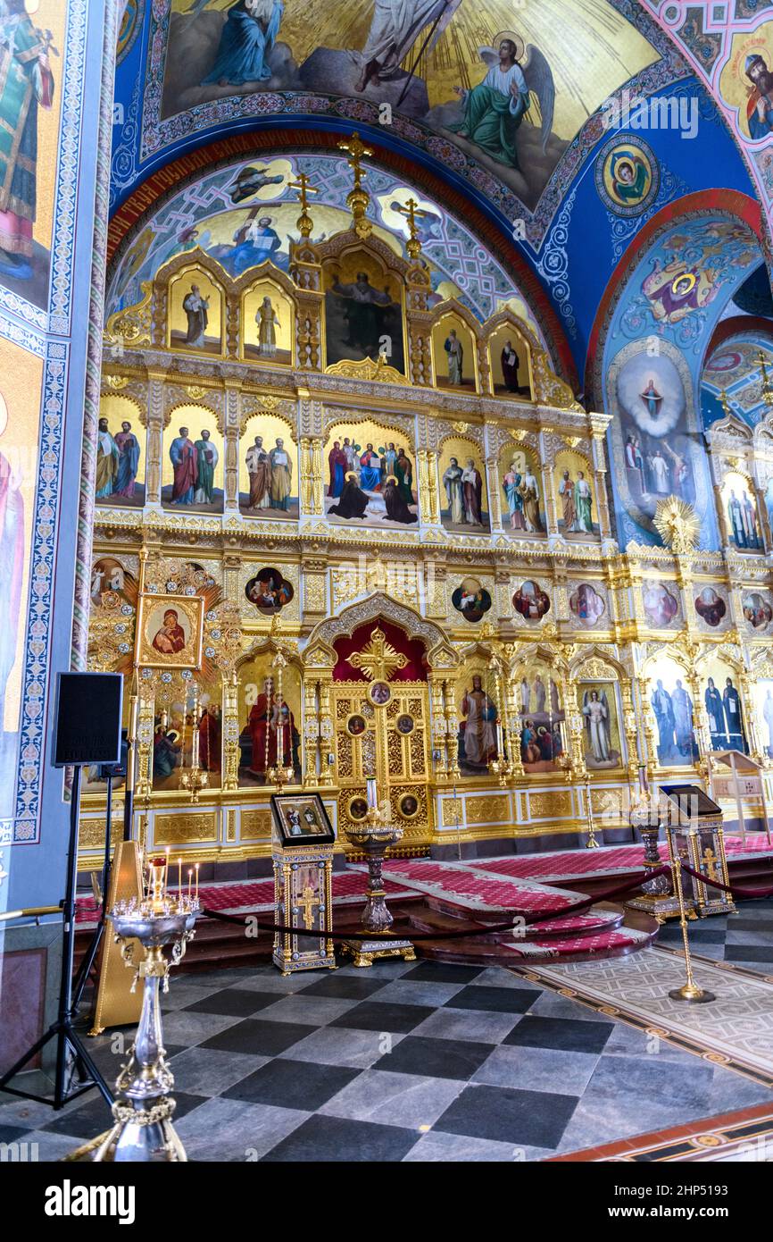 Interior with icons in Russian orthodox cathedral. Valaam monastery ...