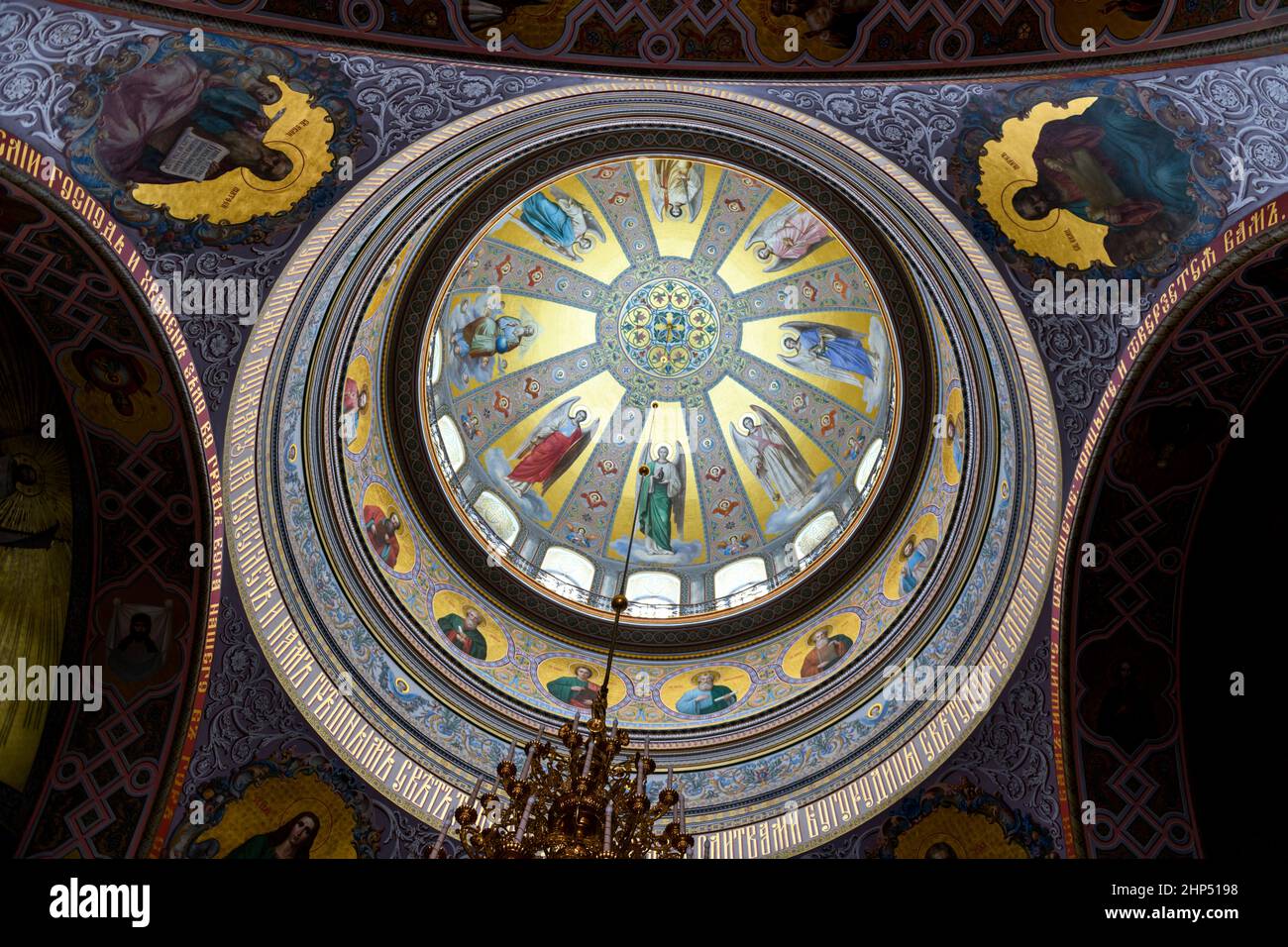 Interior with icons in Russian orthodox cathedral. Valaam monastery ...