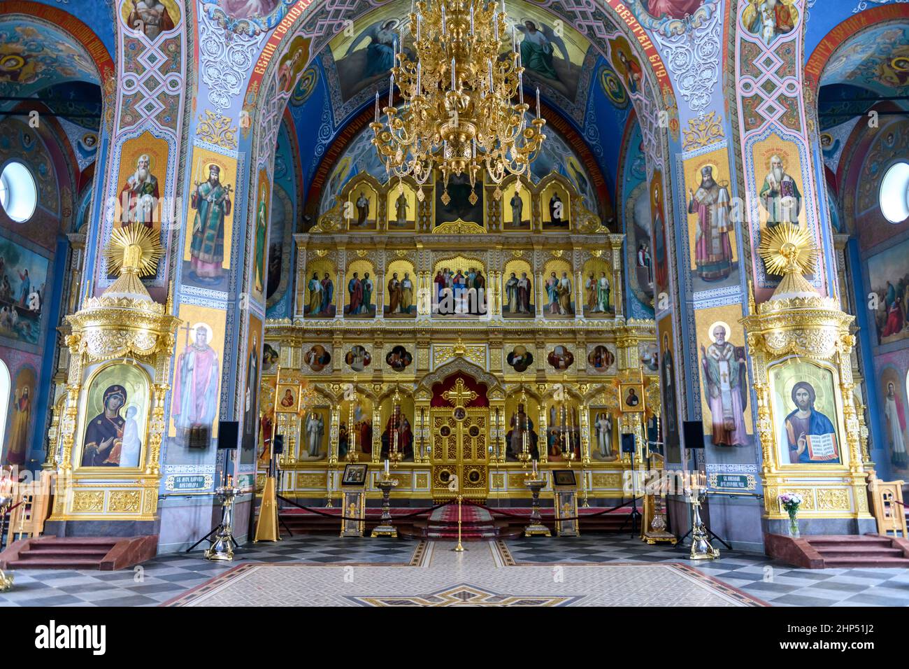 Interior with icons in Russian orthodox cathedral. Valaam monastery ...