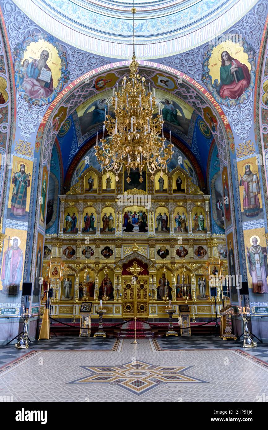 Interior with icons in Russian orthodox cathedral. Valaam monastery ...