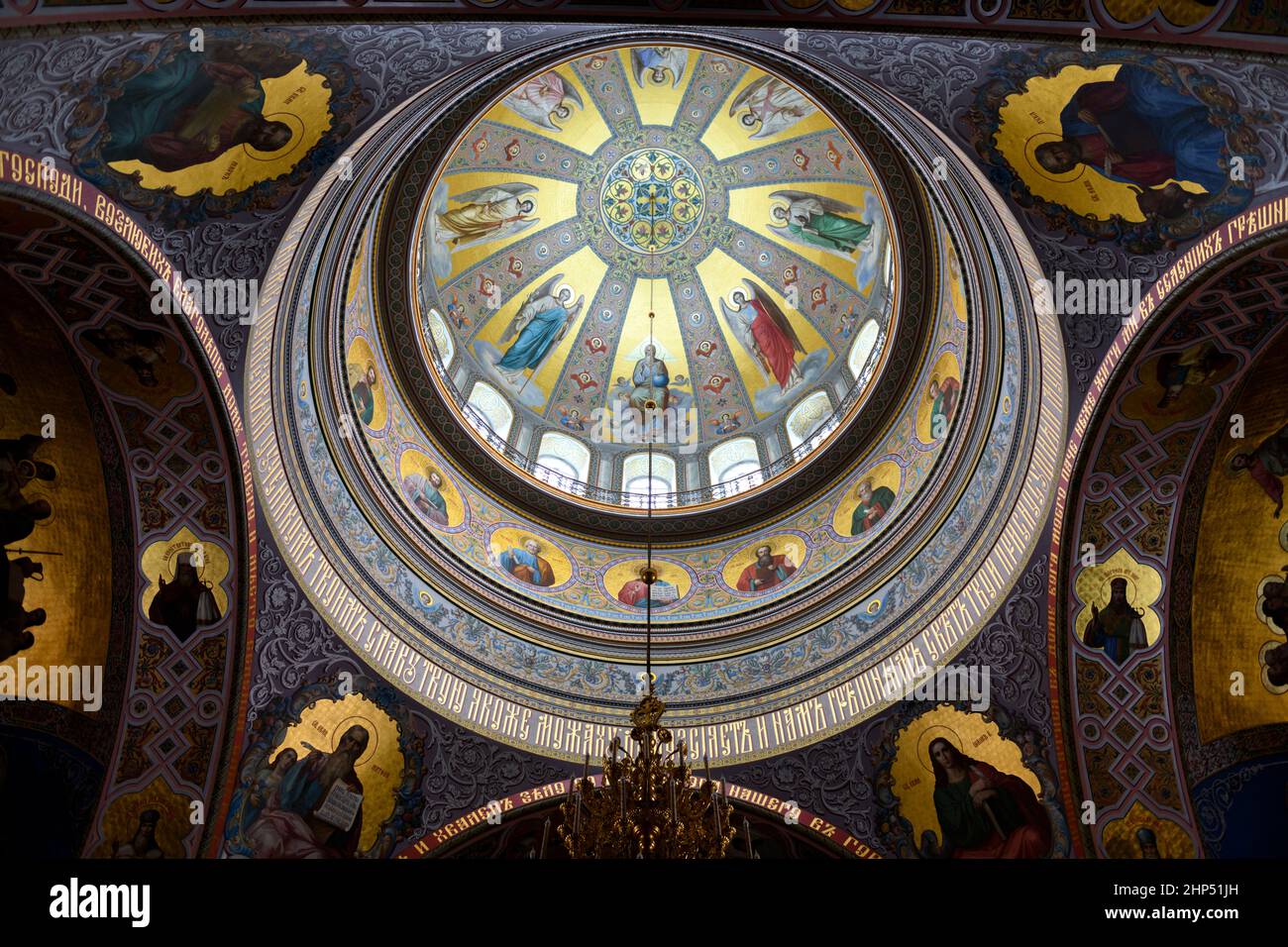 Interior with icons in Russian orthodox cathedral. Valaam monastery ...