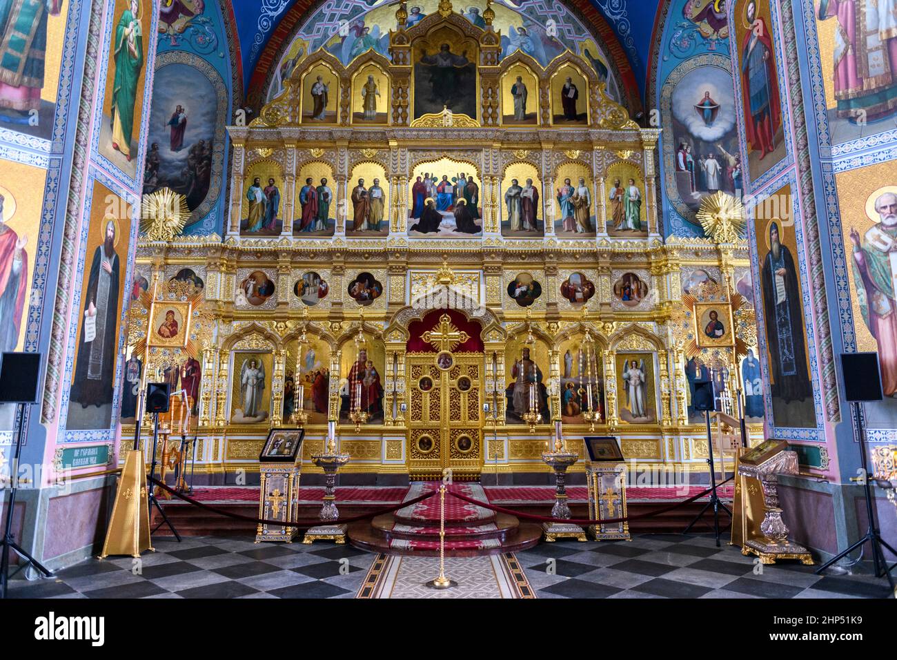 Interior with icons in Russian orthodox cathedral. Valaam monastery ...