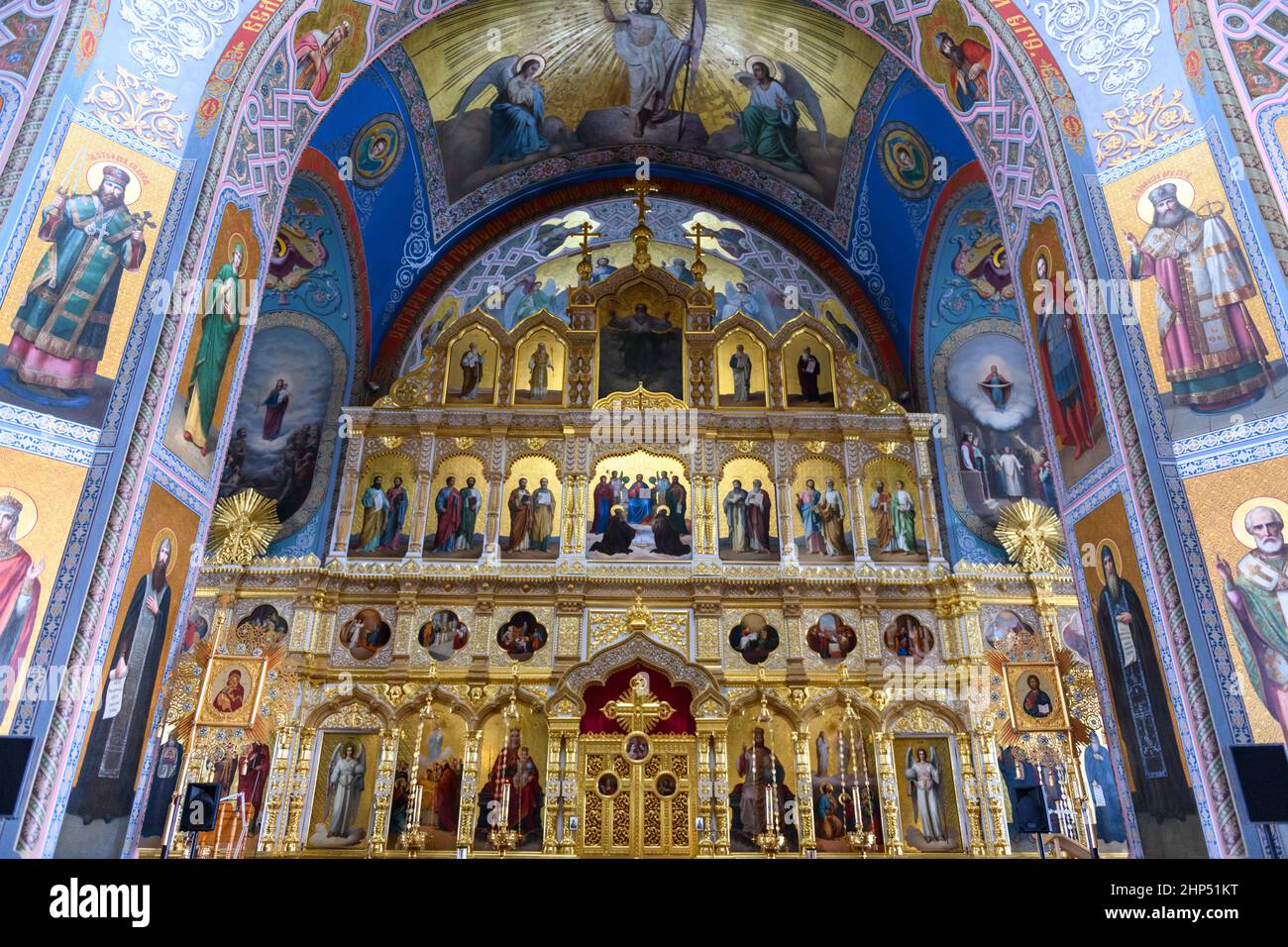 Interior with icons in Russian orthodox cathedral. Valaam monastery ...