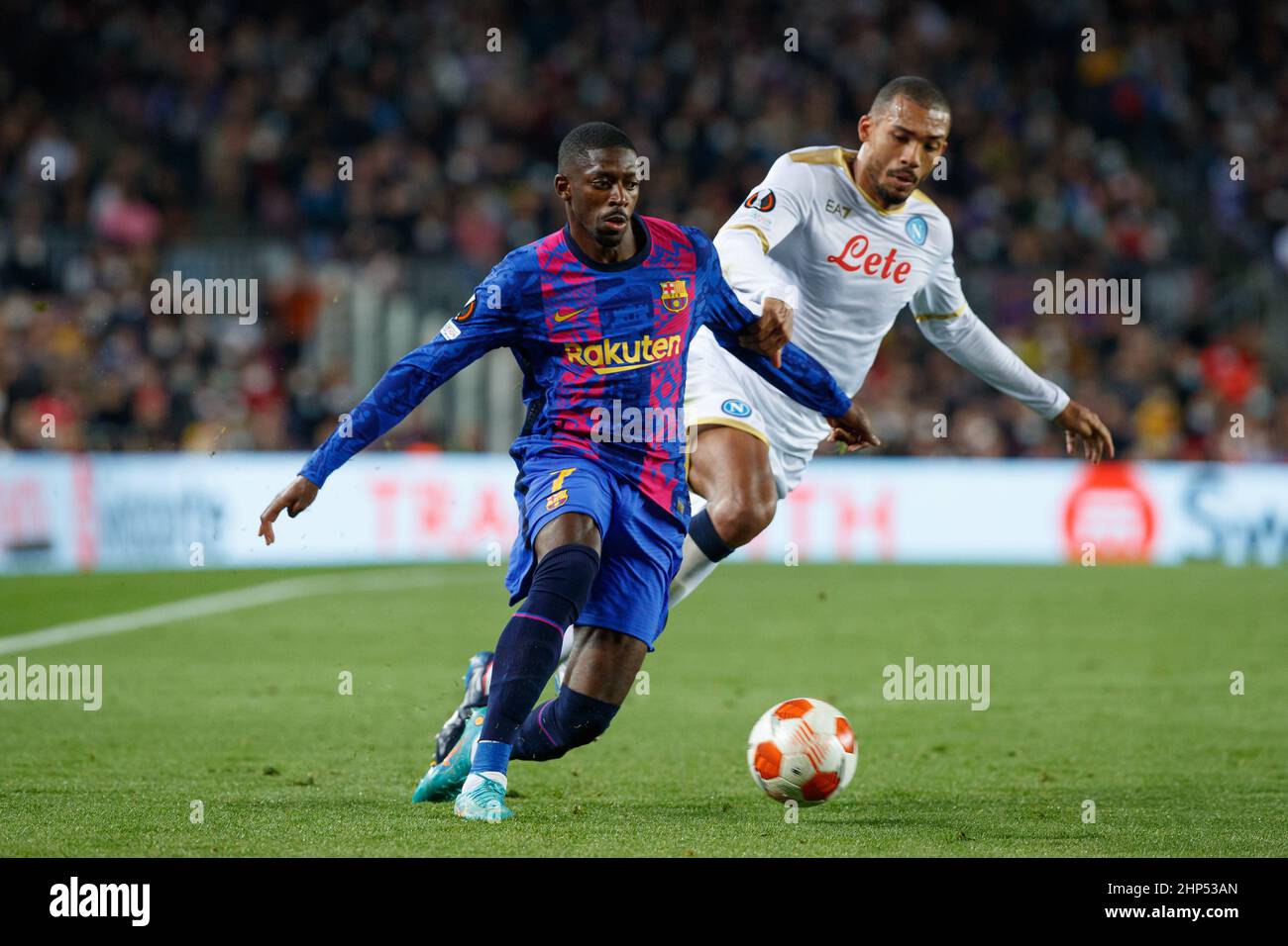 Ousmane Dembele of FC Barcelona in action with Juan Jesus of SSC Napoli ...