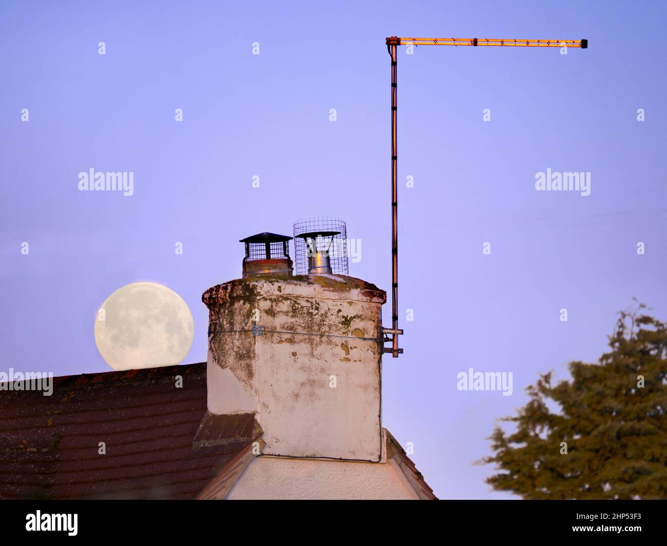 Chimney, aerial and full moon in Radley Village 2 Stock Photo - Alamy