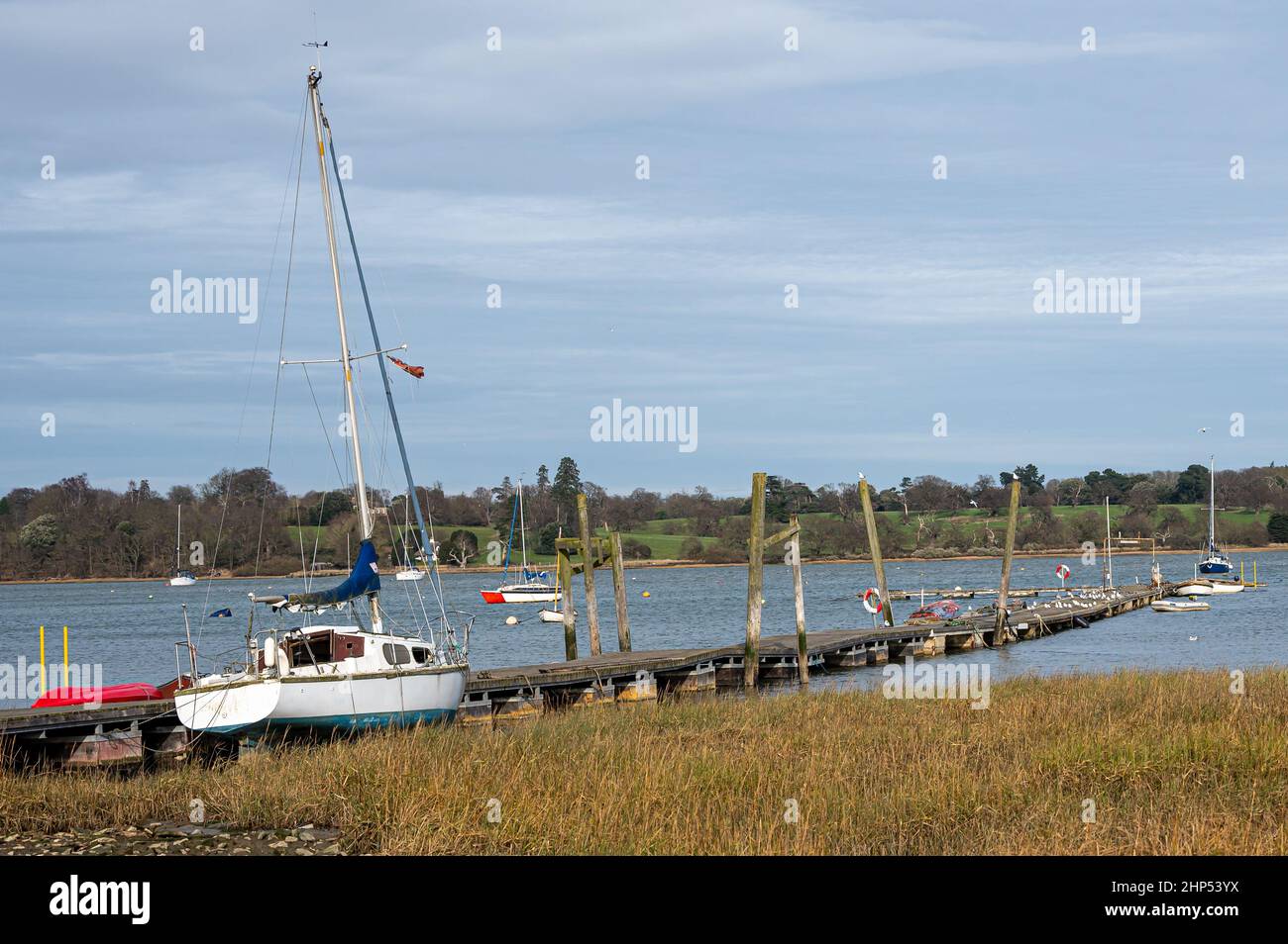 Boats moored at Pin Mill, Suffolk, UK Stock Photo - Alamy