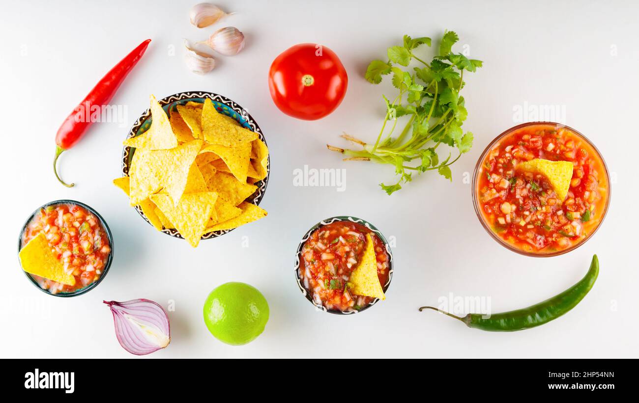Salsa sauce and ingredients. Mexican homemade salsa sauce and nacho ...