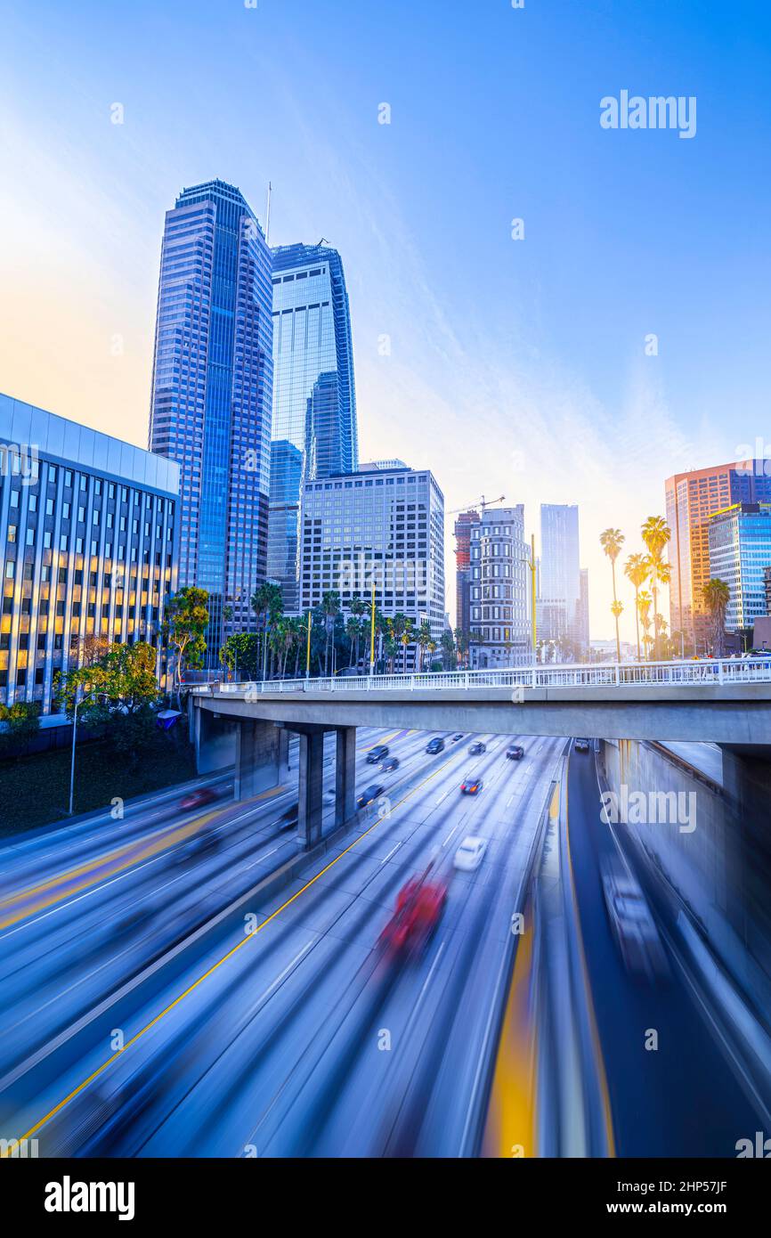 the skyline of los angeles during sunset Stock Photo - Alamy