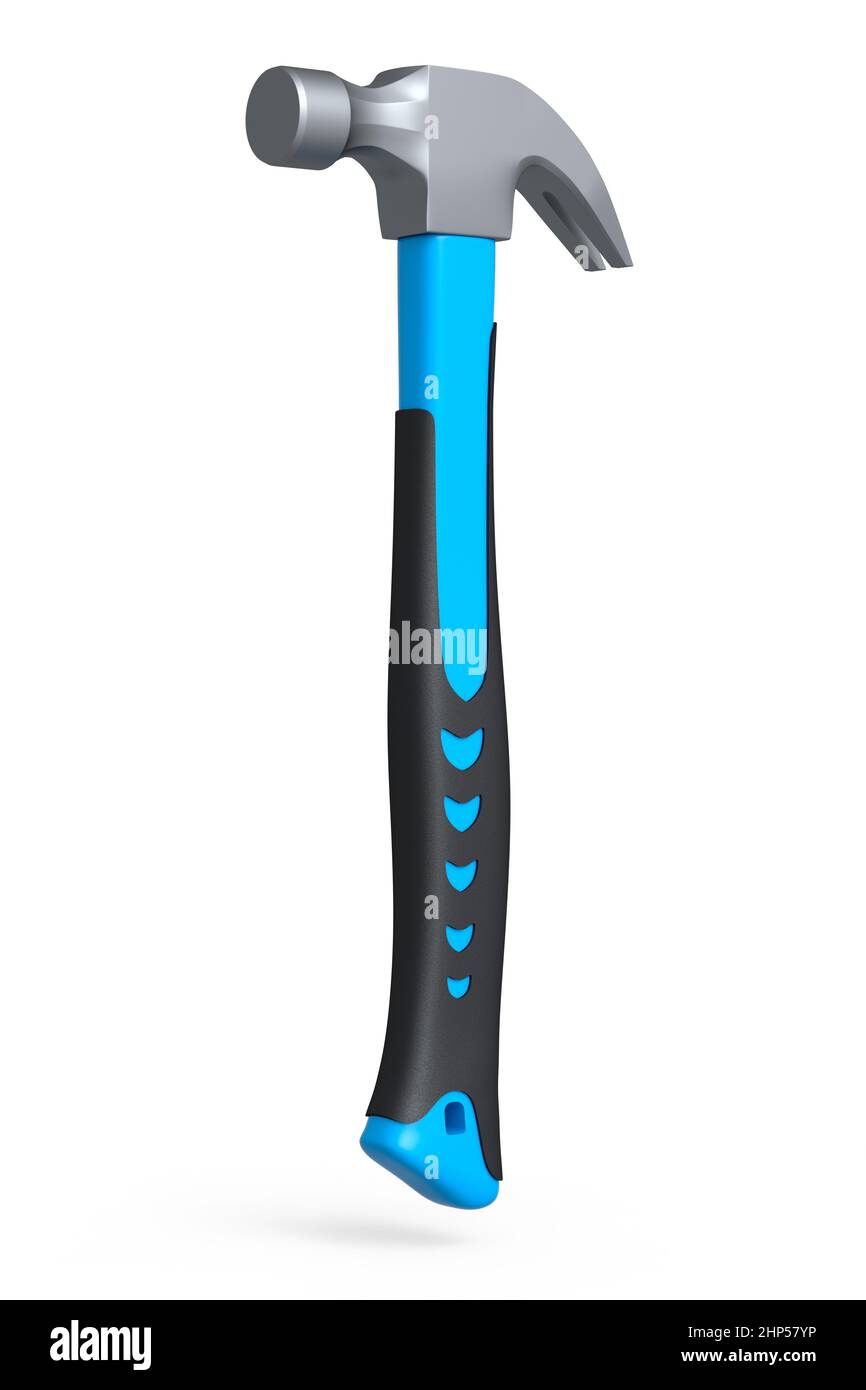 Black and blue hammer with a rubberized handle isolated on white ...