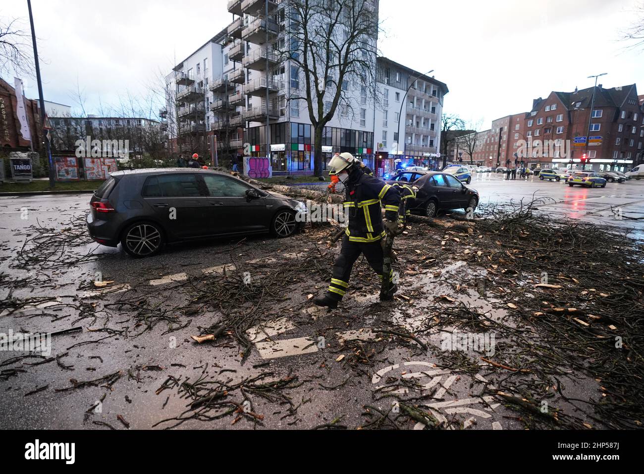 Hamburg, Germany. 18th Feb, 2022. Firefighters cut and transport a ...
