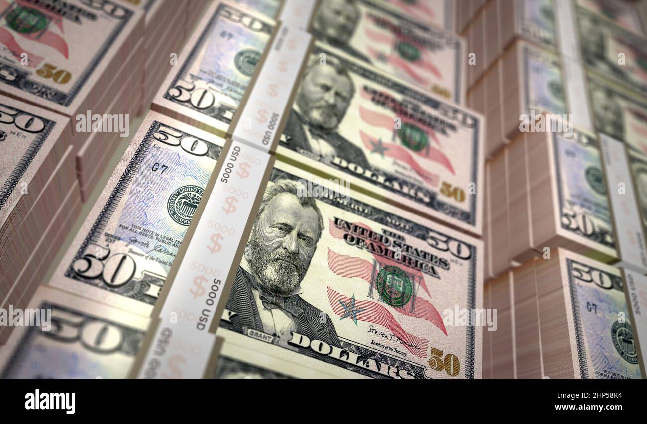 Dollar fifty money pack 3d illustration. 50 USD banknote bundle stacks ...