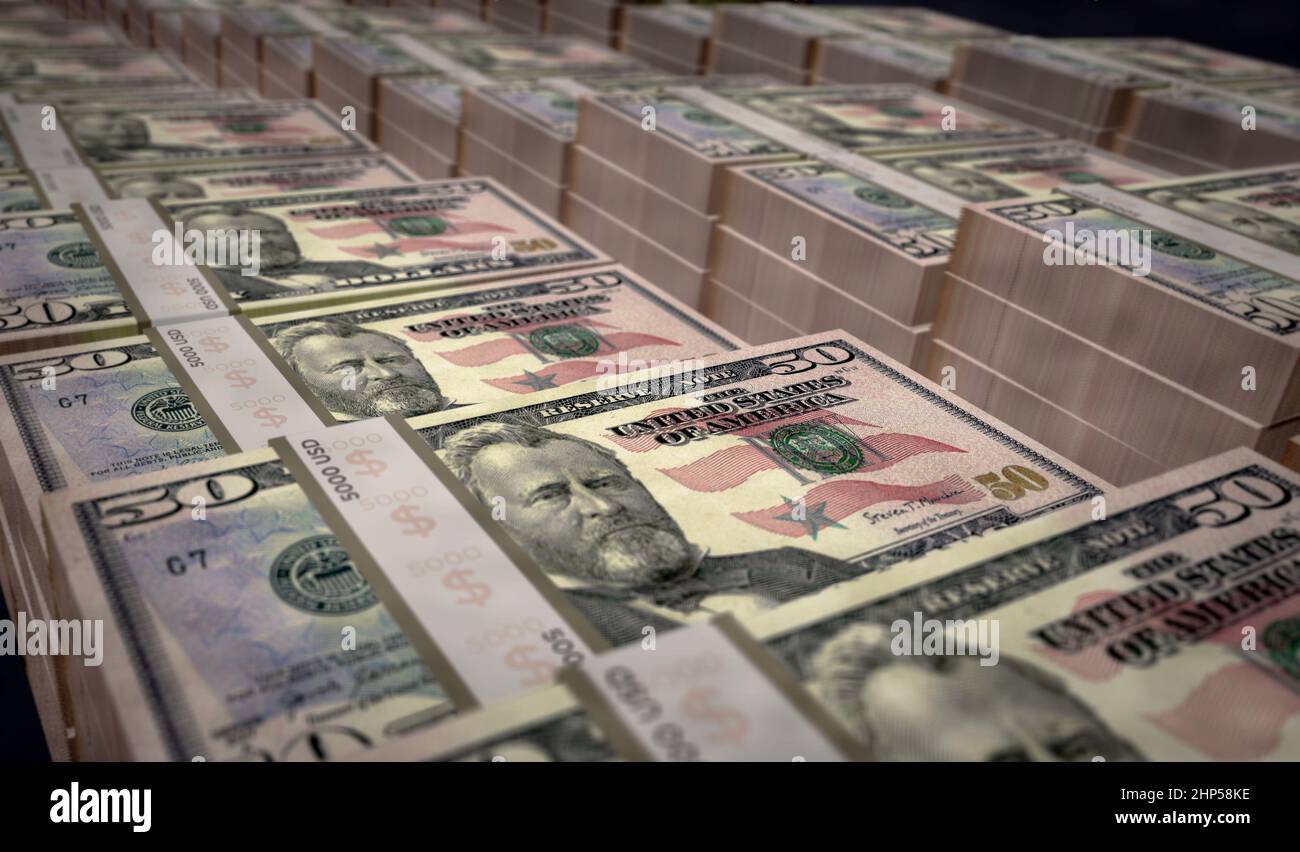 Dollar fifty money pack 3d illustration. 50 USD banknote bundle stacks ...