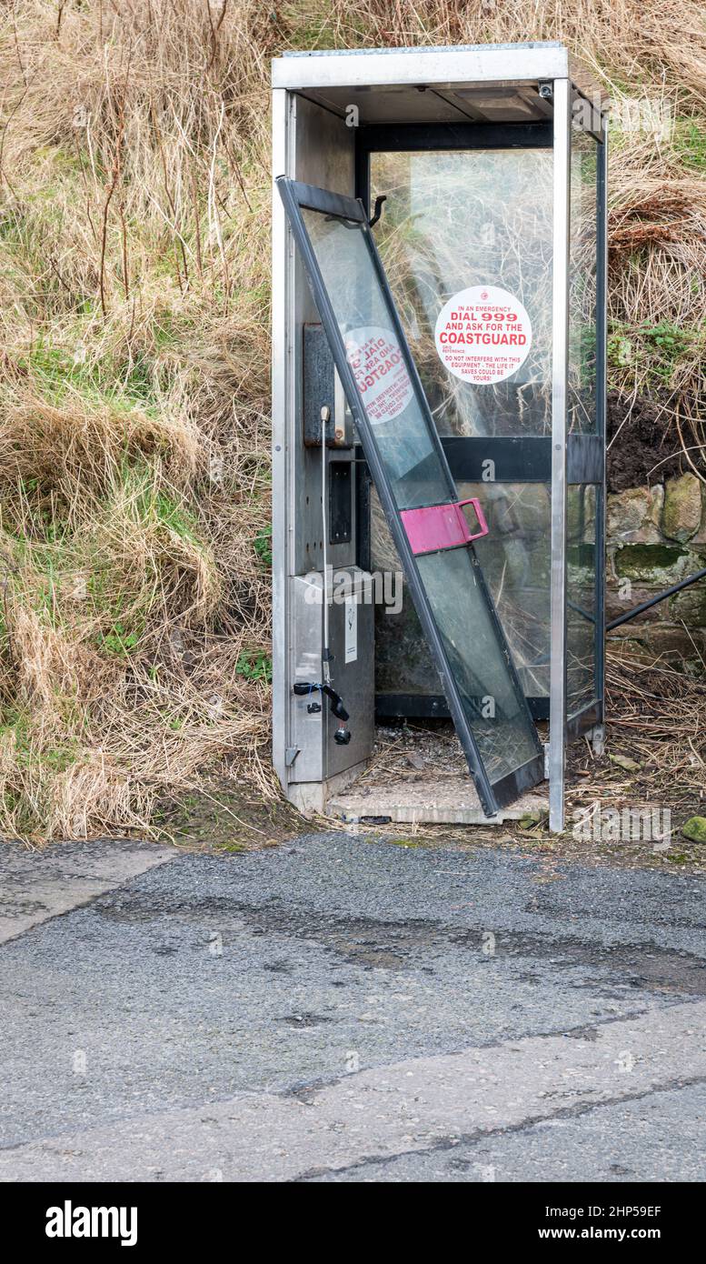 Broken Telephone Box in Burnmouth Harbour, Scotland Stock Photo - Alamy