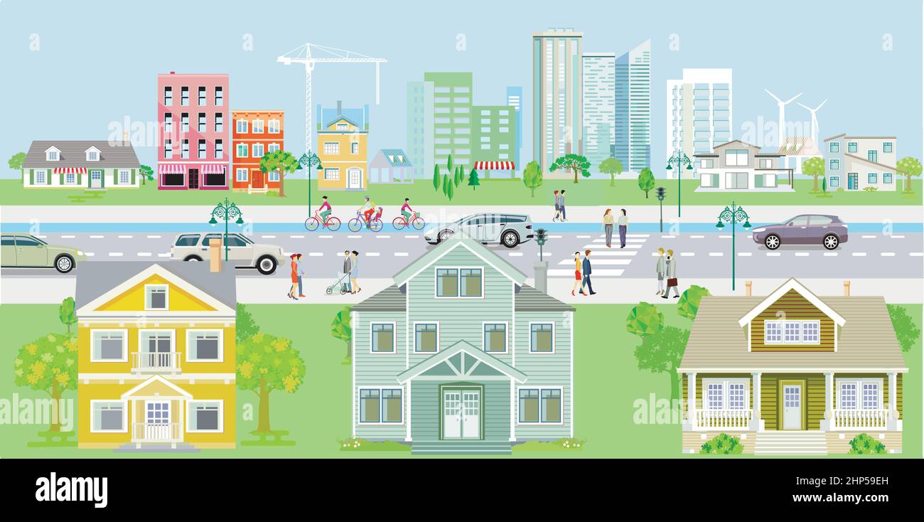 Suburb with pedestrians and road traffic, illustration Stock Vector ...