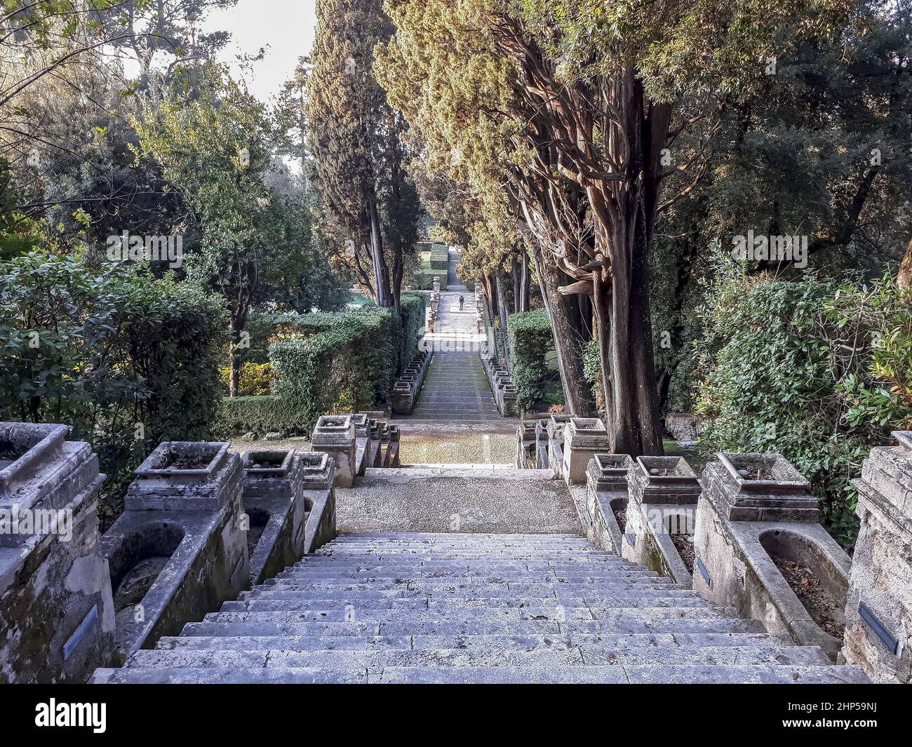 Aerial view of the Villa d'Este in Tivoli, terraced hillside Italian ...