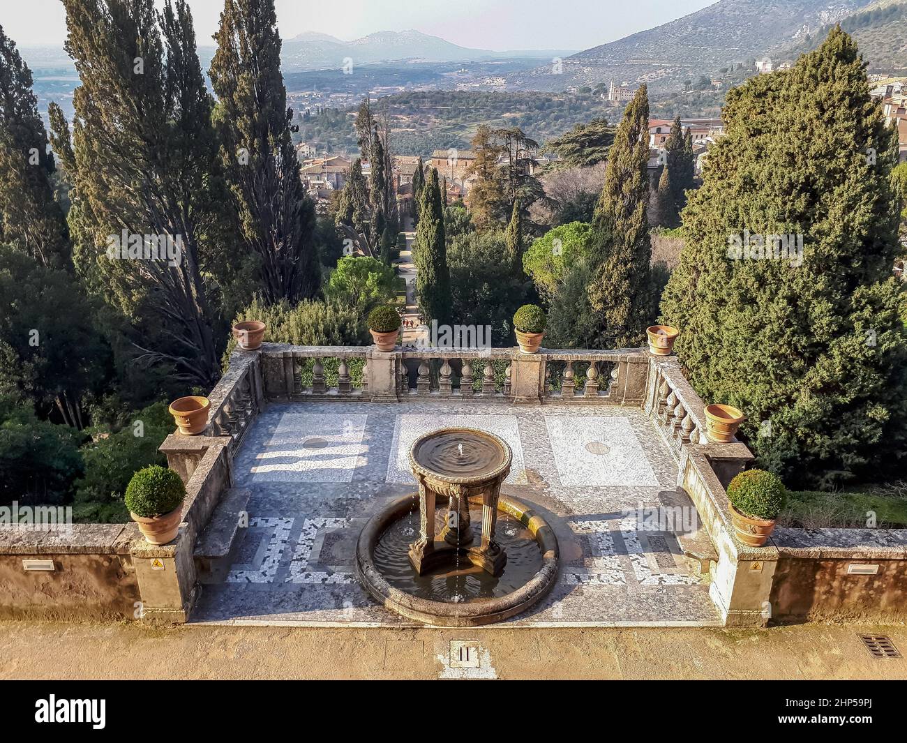 Aerial view of the Villa d'Este in Tivoli, terraced hillside Italian ...