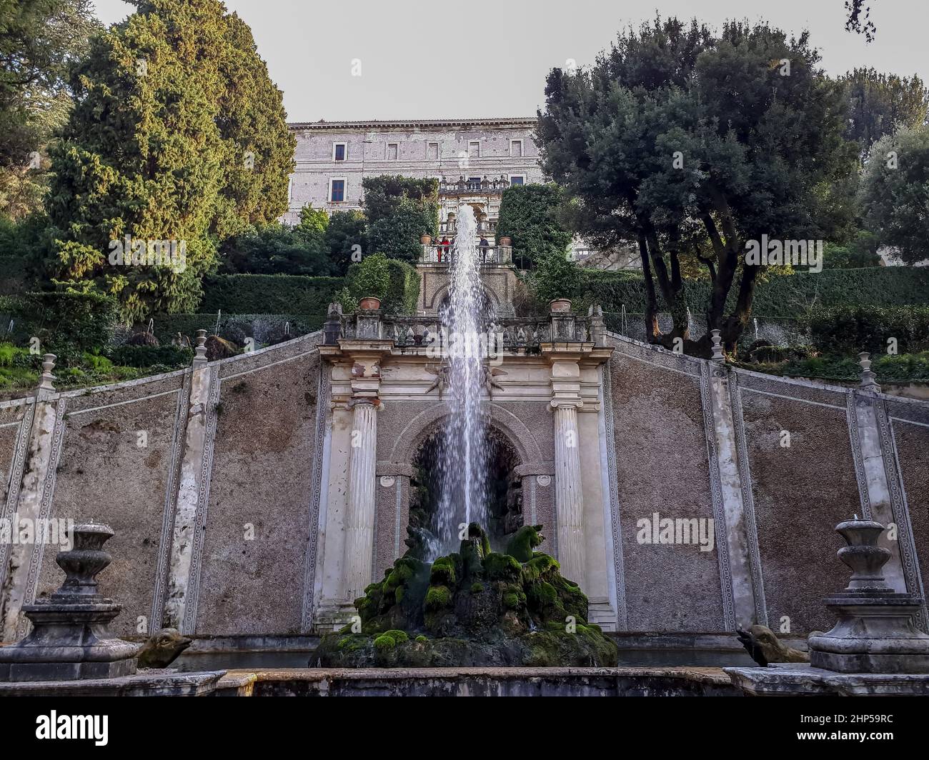 Low angle shot of the Villa d'Este in Tivoli, terraced hillside Italian ...
