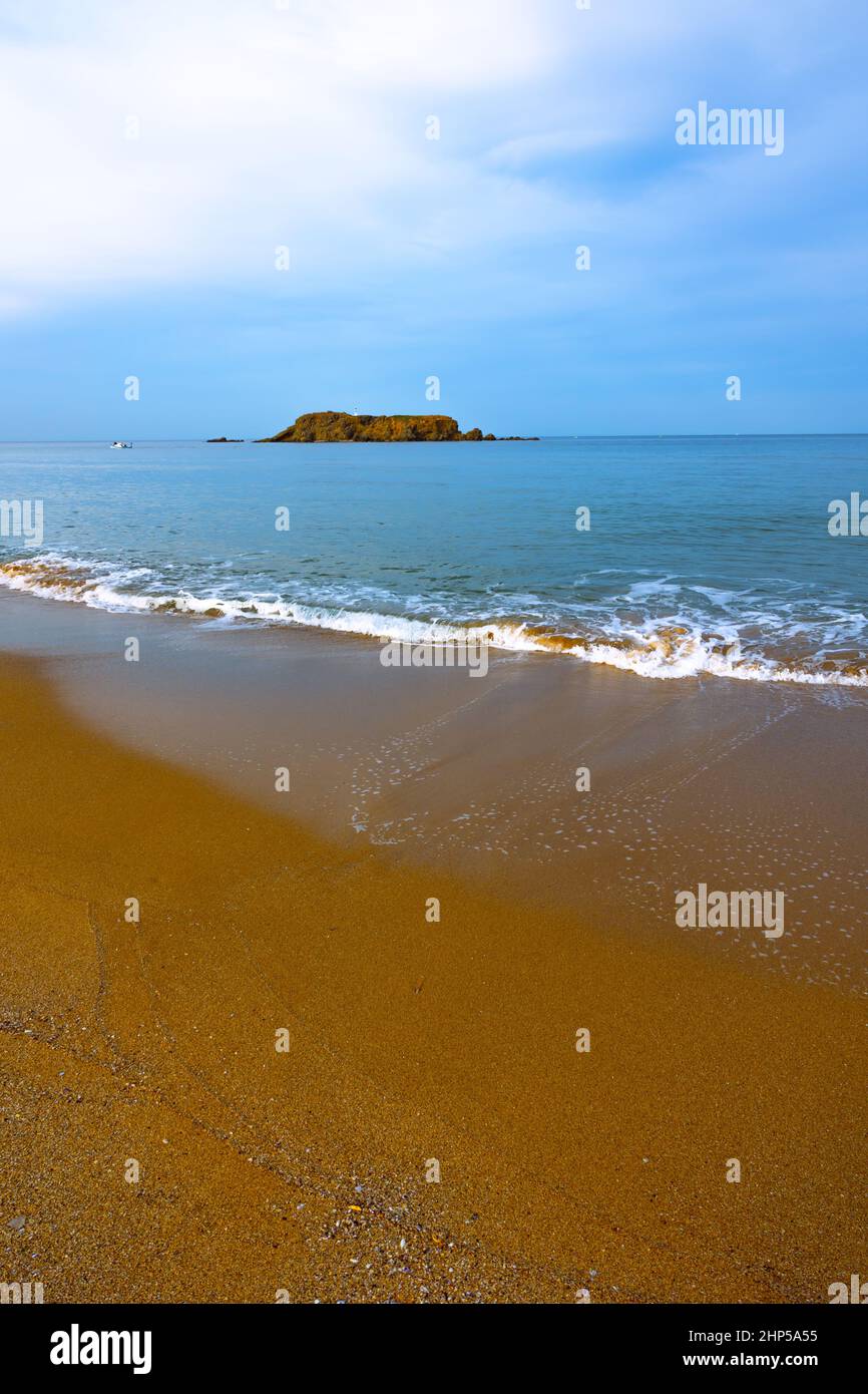 Beach background. Calm sea and island with cloudy sky. Moody sea and ...