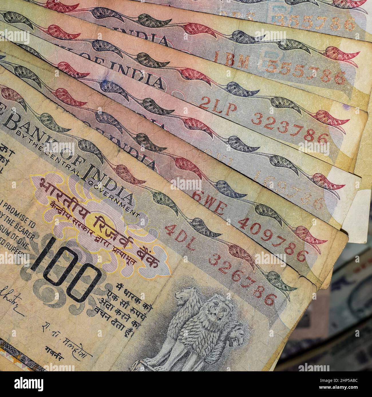 Old One Hundred Rupee notes combined on the table, India money on the ...