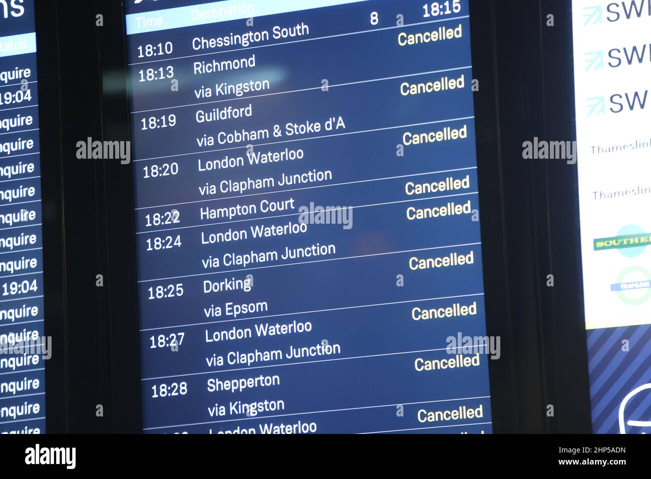 The train departures board at Wimbledon train station, showing ...