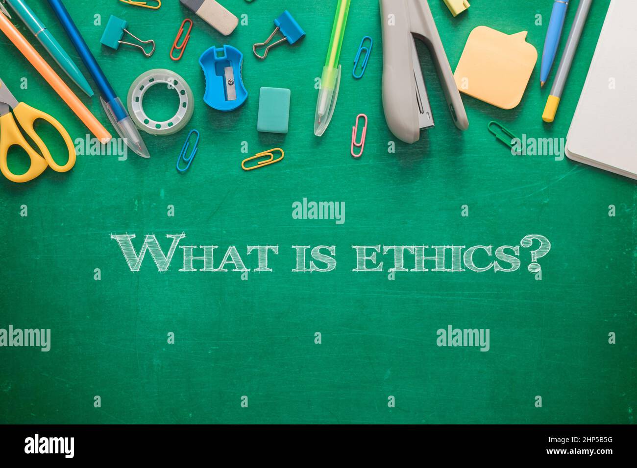 What is ethics inscription in chalk on a green blackboard. Flat lay ...
