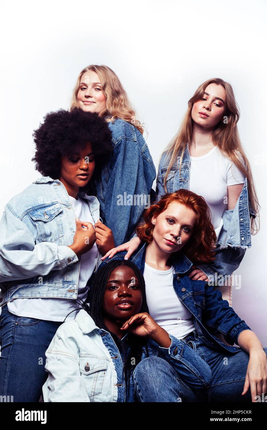 diverse multi nation girls group, teenage friends company cheerful ...