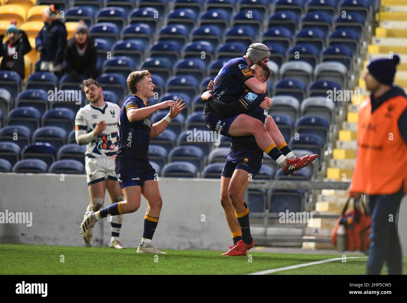 Niall Annett of Worcester Warriors congratulates w.12. on his try ...