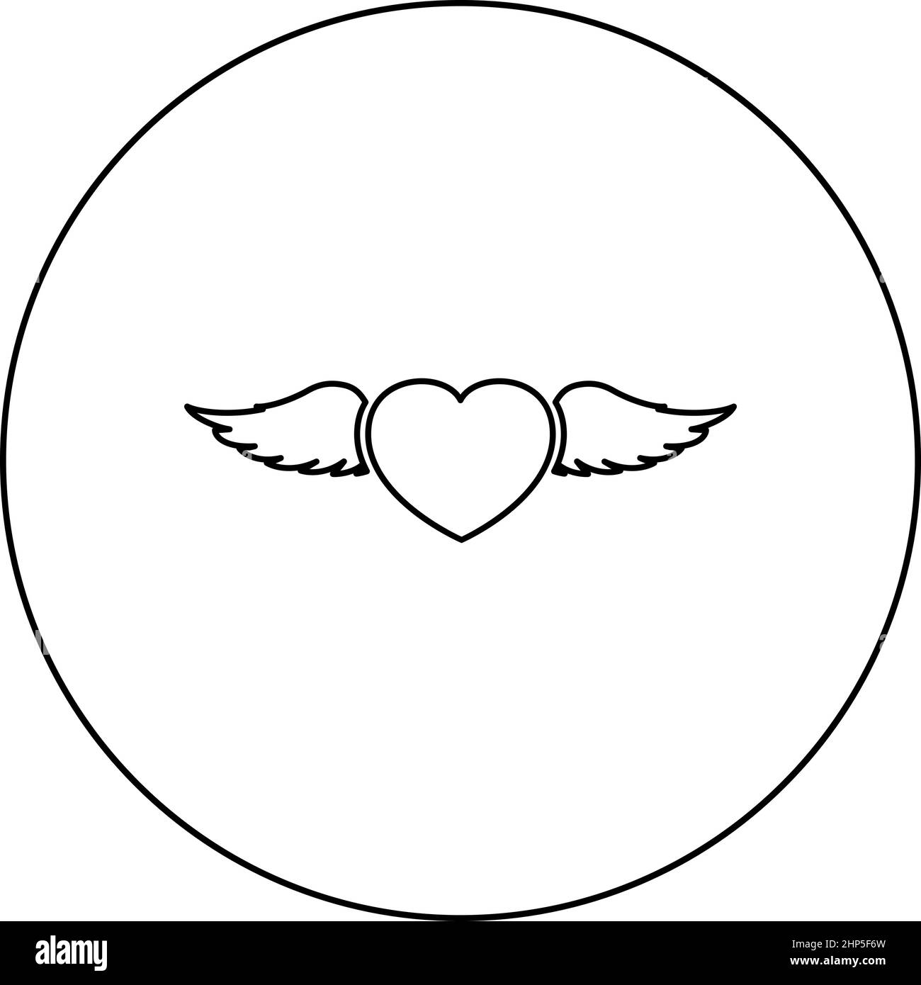 Heart with angel wings flying feather icon in circle round black color ...