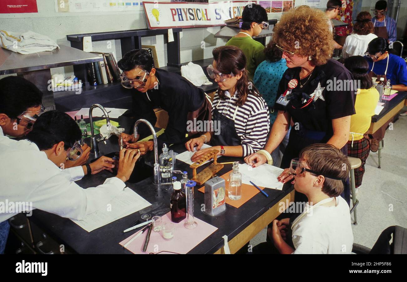Austin Texas USA, 1990: High school science class conducts experiments ...