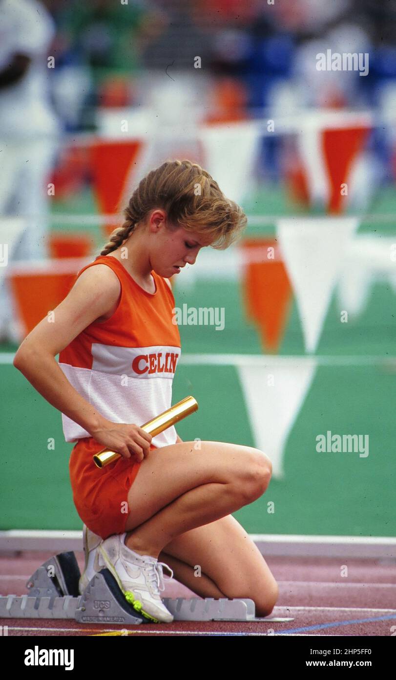 Austin Texas USA,1994: Teen girl holding baton collects her thoughts at ...