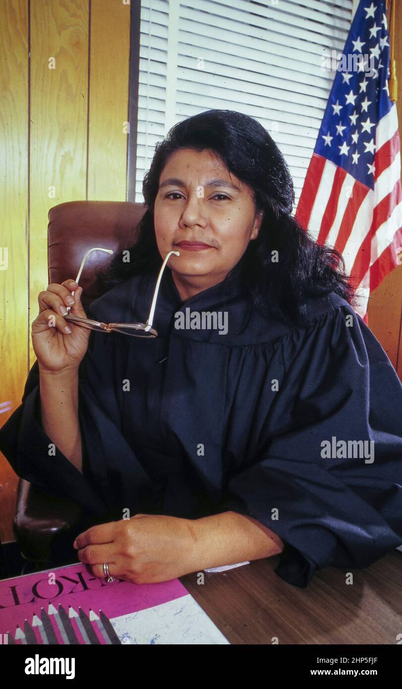 Austin Texas USA, 1992: Female civil court judge posing on the bench ...