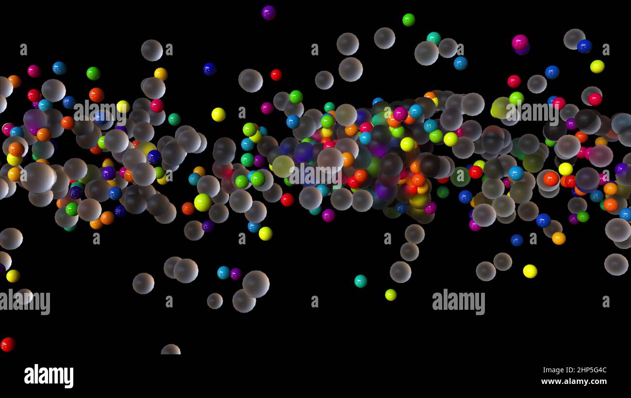 Colorful clusters of balls flying in 3d render space. Round objects in ...