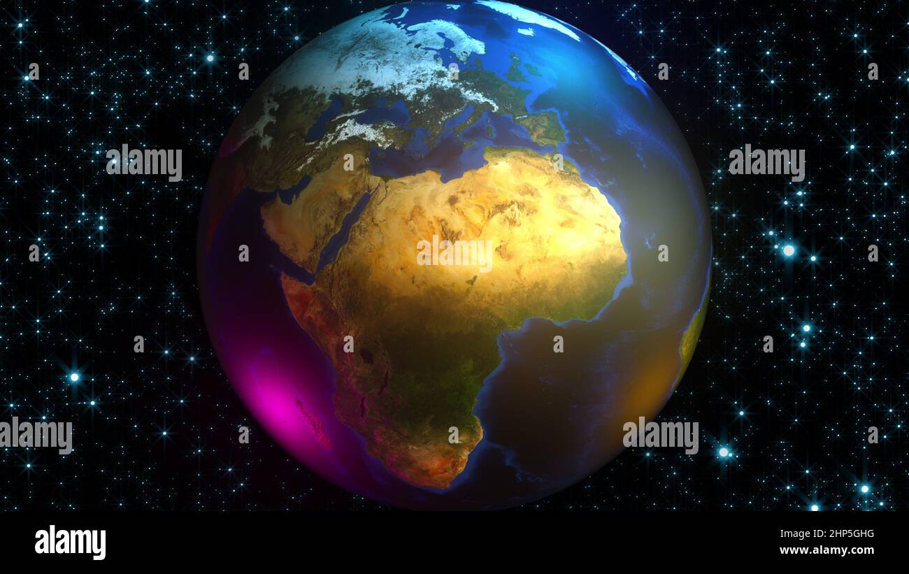 Bright sphere with continents and oceans swirls in 3d render space ...