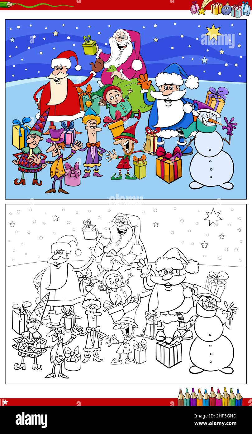 cartoon Christmas characters group coloring book page Stock Vector ...