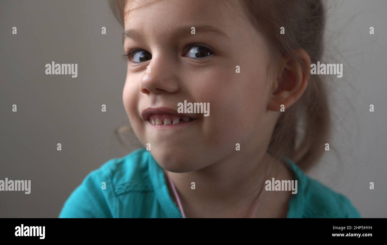 Portrait Funny little close up view happy preschool girl smiling child ...