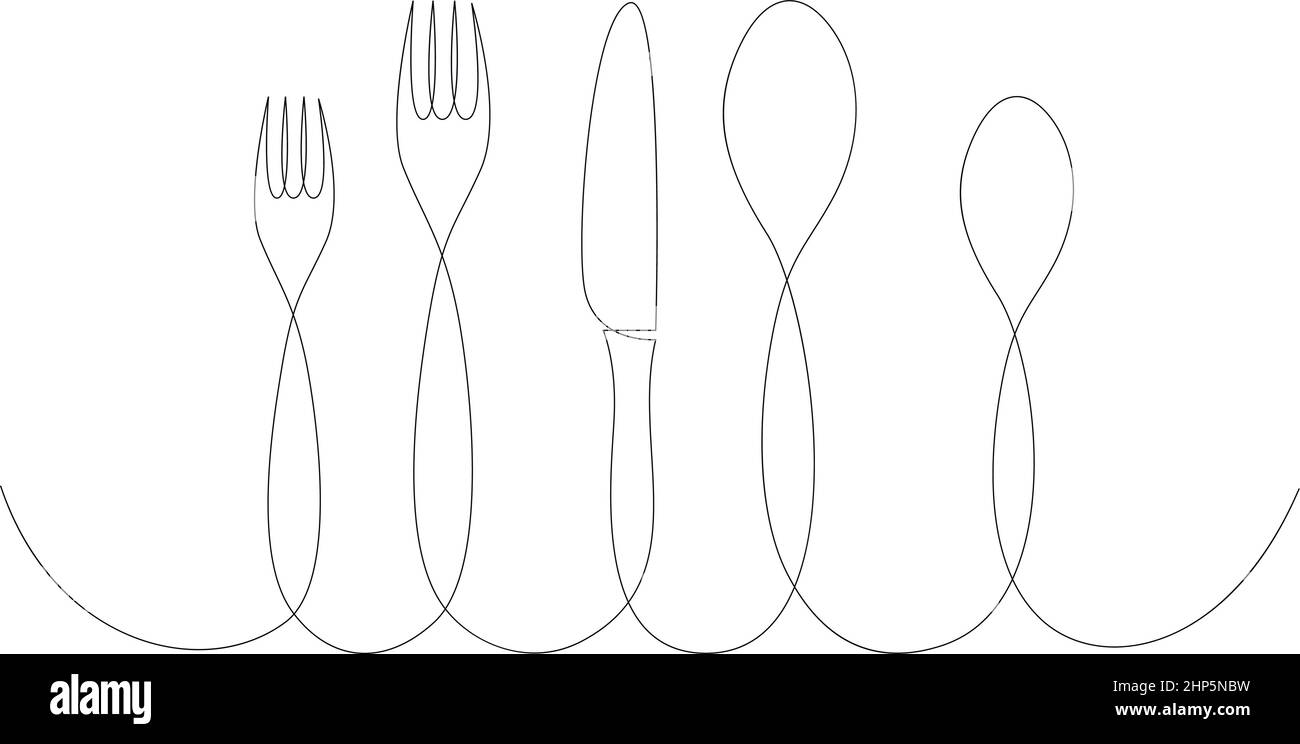 Continuous One Line Drawing. Spoons, Forks, Knife, Eating Utensils ...