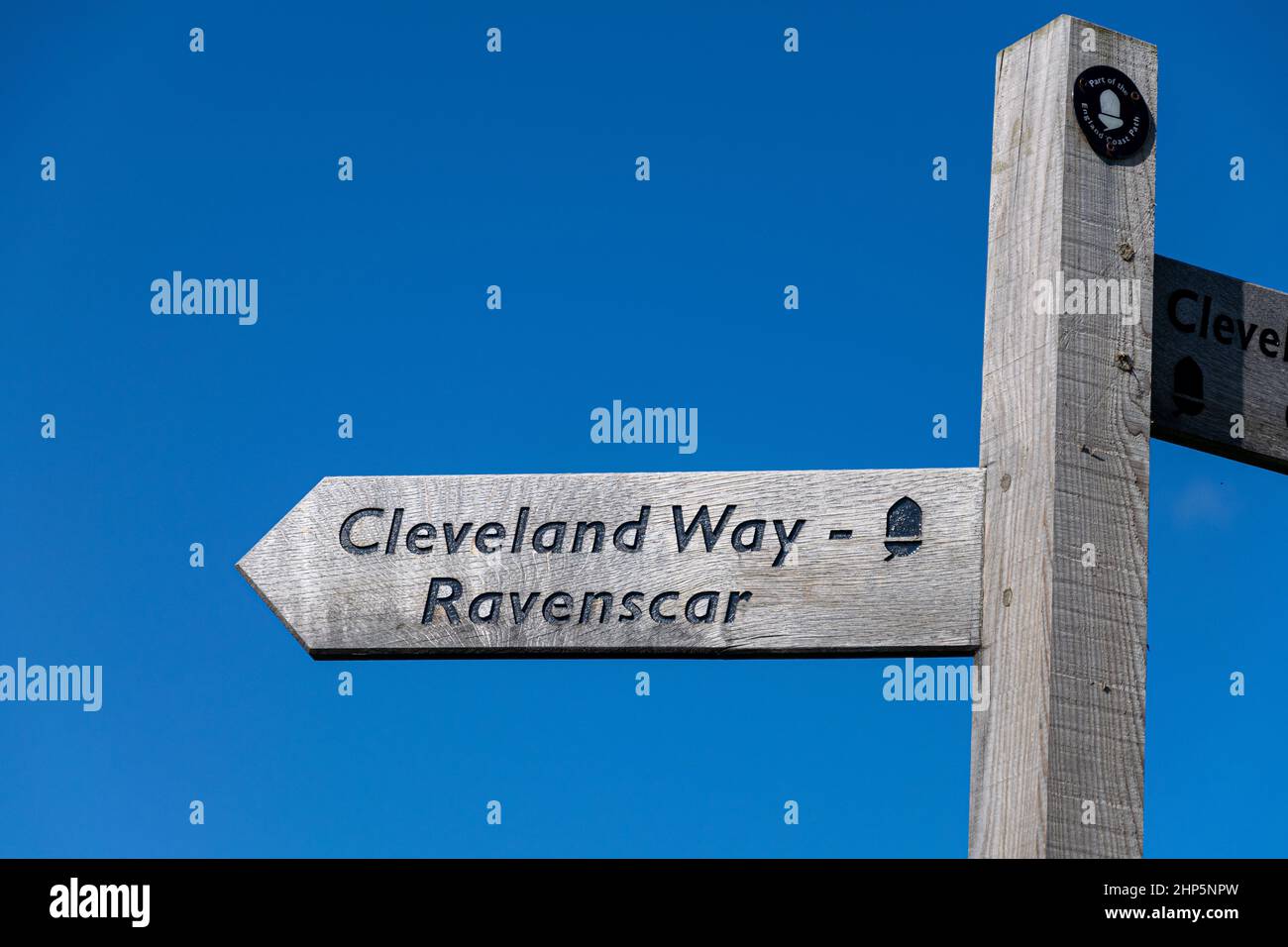 Wooden signpost along the long distance footpath of the Cleveland Way ...