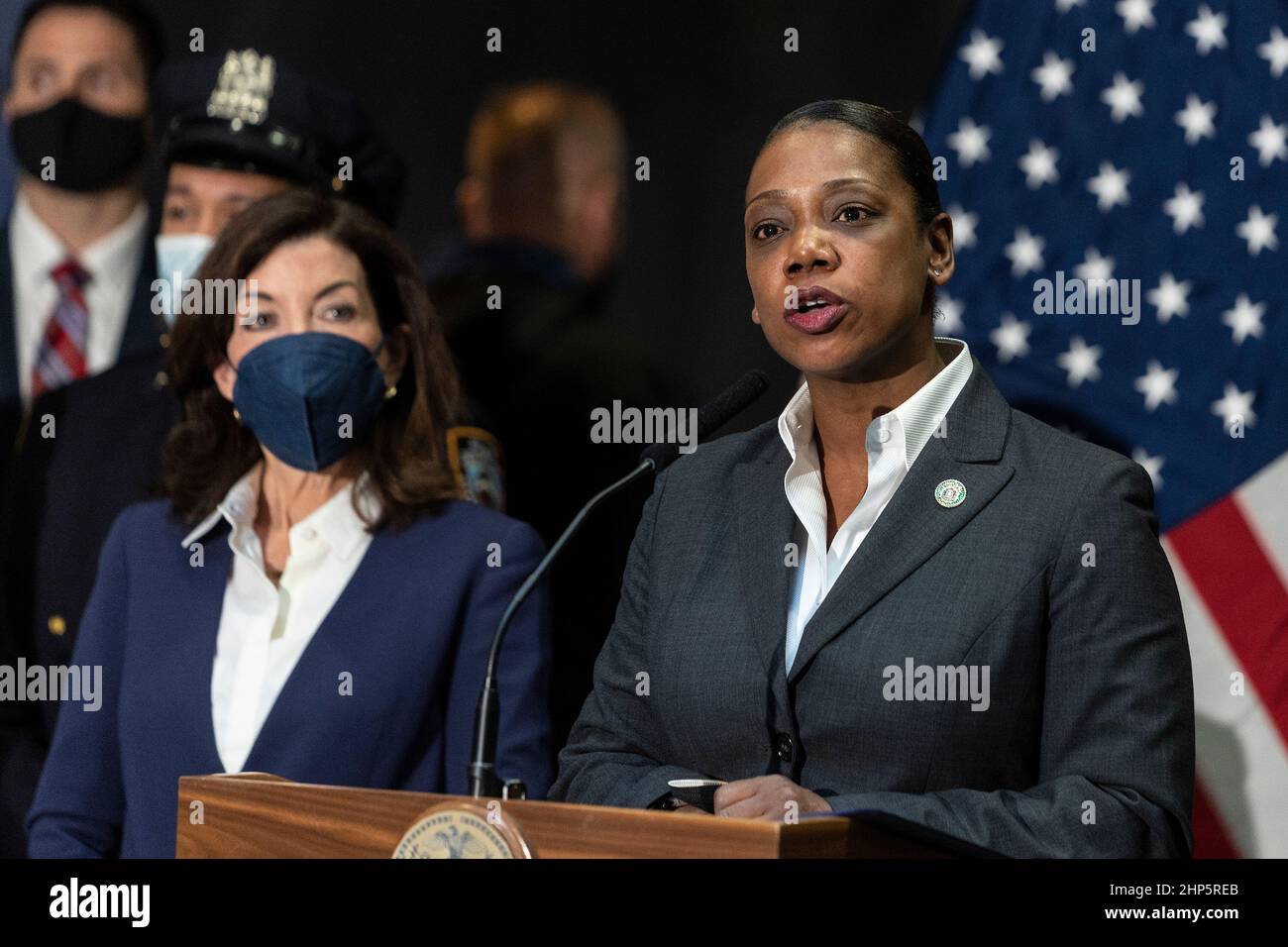 New York, USA. 18th Feb, 2022. Police Commissioner Keechant Sewell speaks during announcement by ...