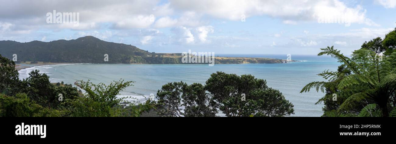 Panorama view across Hicks Bay on New Zealand east Coast Stock Photo ...