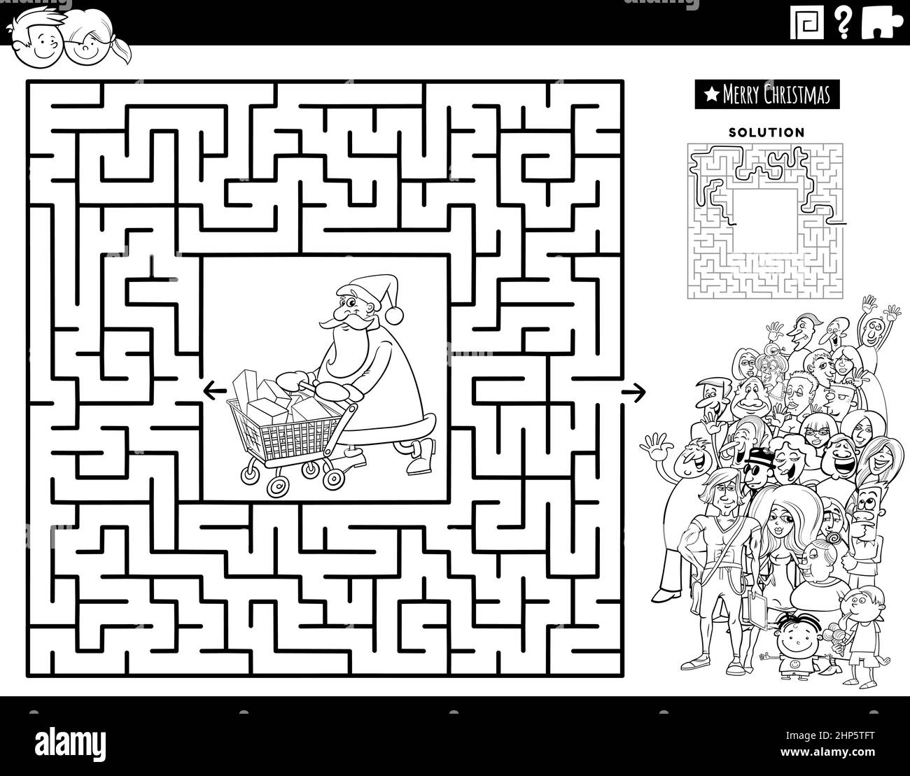 maze with Santa Claus and people coloring book page Stock Vector Image ...
