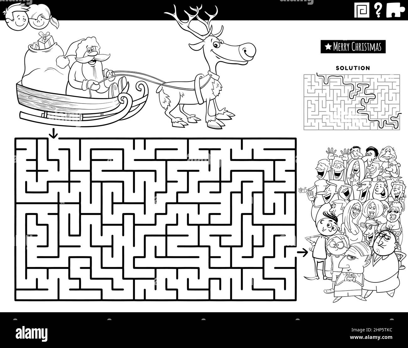 maze with Santa Claus on sleigh and people coloring book page Stock ...