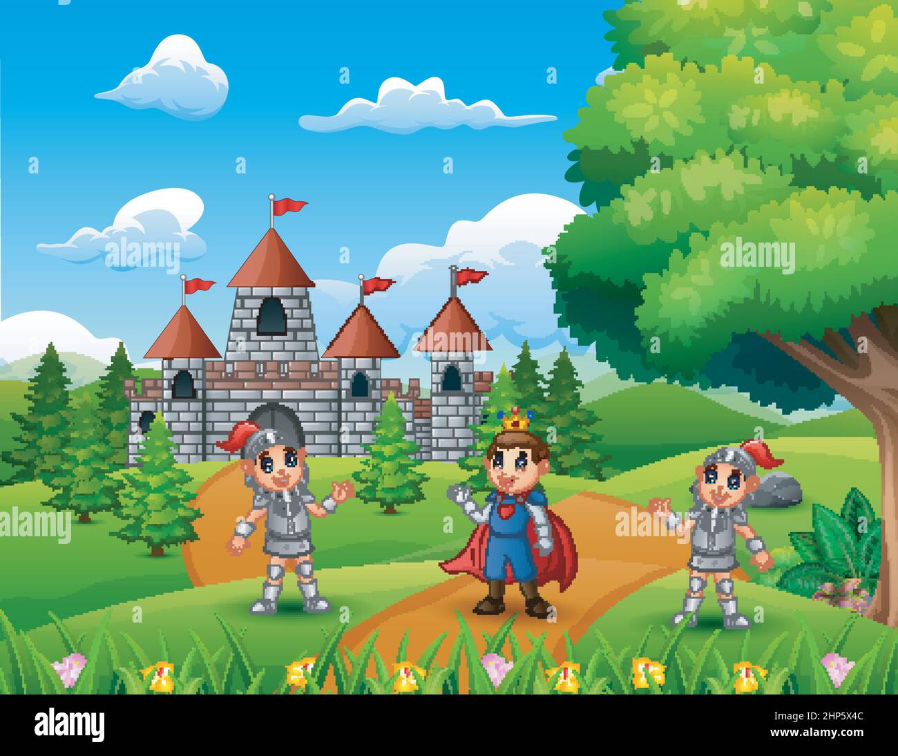 Cartoon of prince with two knight on the road leading to a castle Stock ...