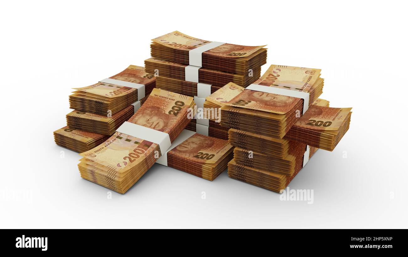 Stack of 200 South African Rand notes. 3D rendering of bundles of ...