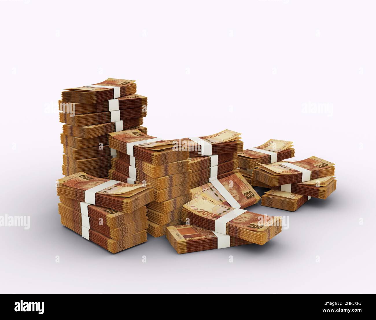 Stack of 200 South African Rand notes. 3D rendering of bundles of ...
