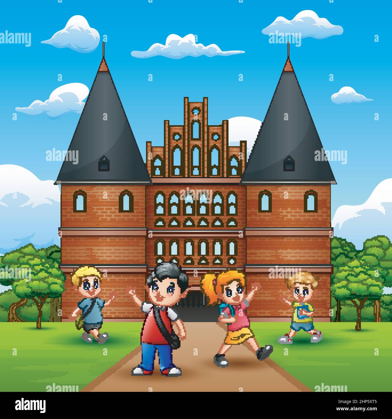 Happy school children joyful and laughing in front of Holstentor Stock ...