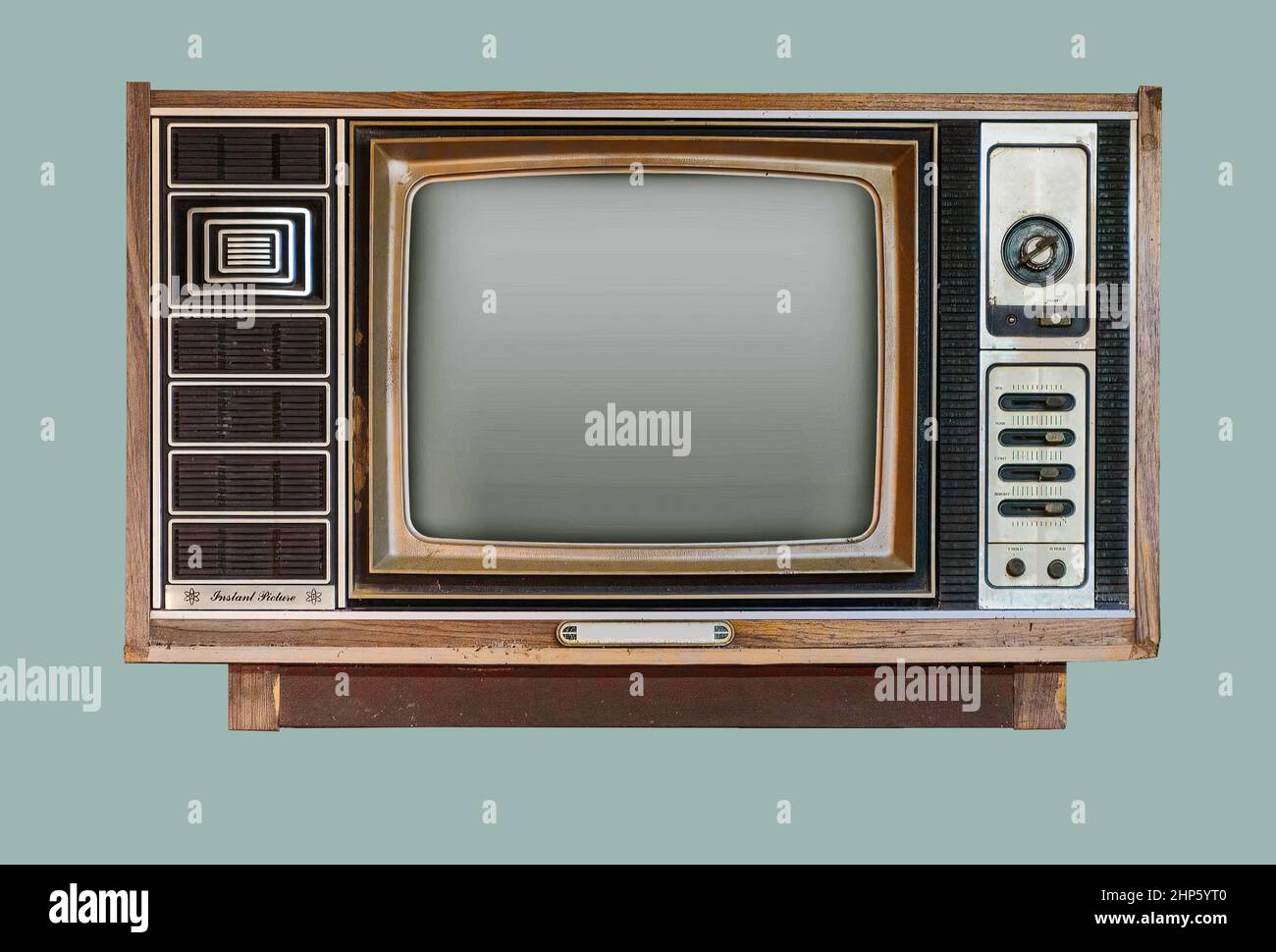 Vintage TV. Old retro TV set in wooden cabinet on isolated green ...