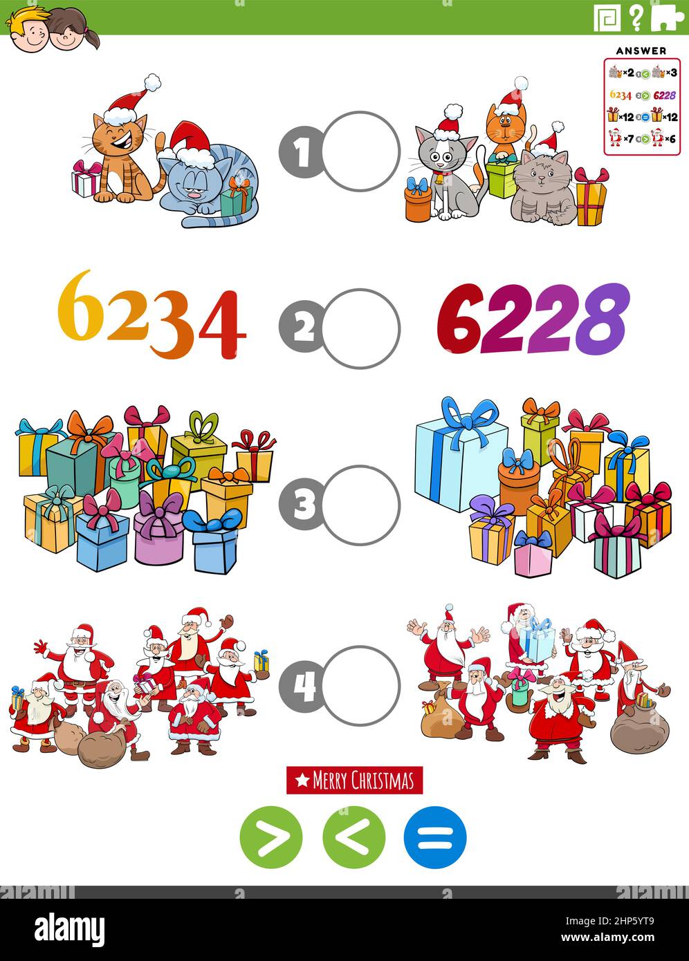 greater less or equal cartoon task with Christmas characters Stock ...