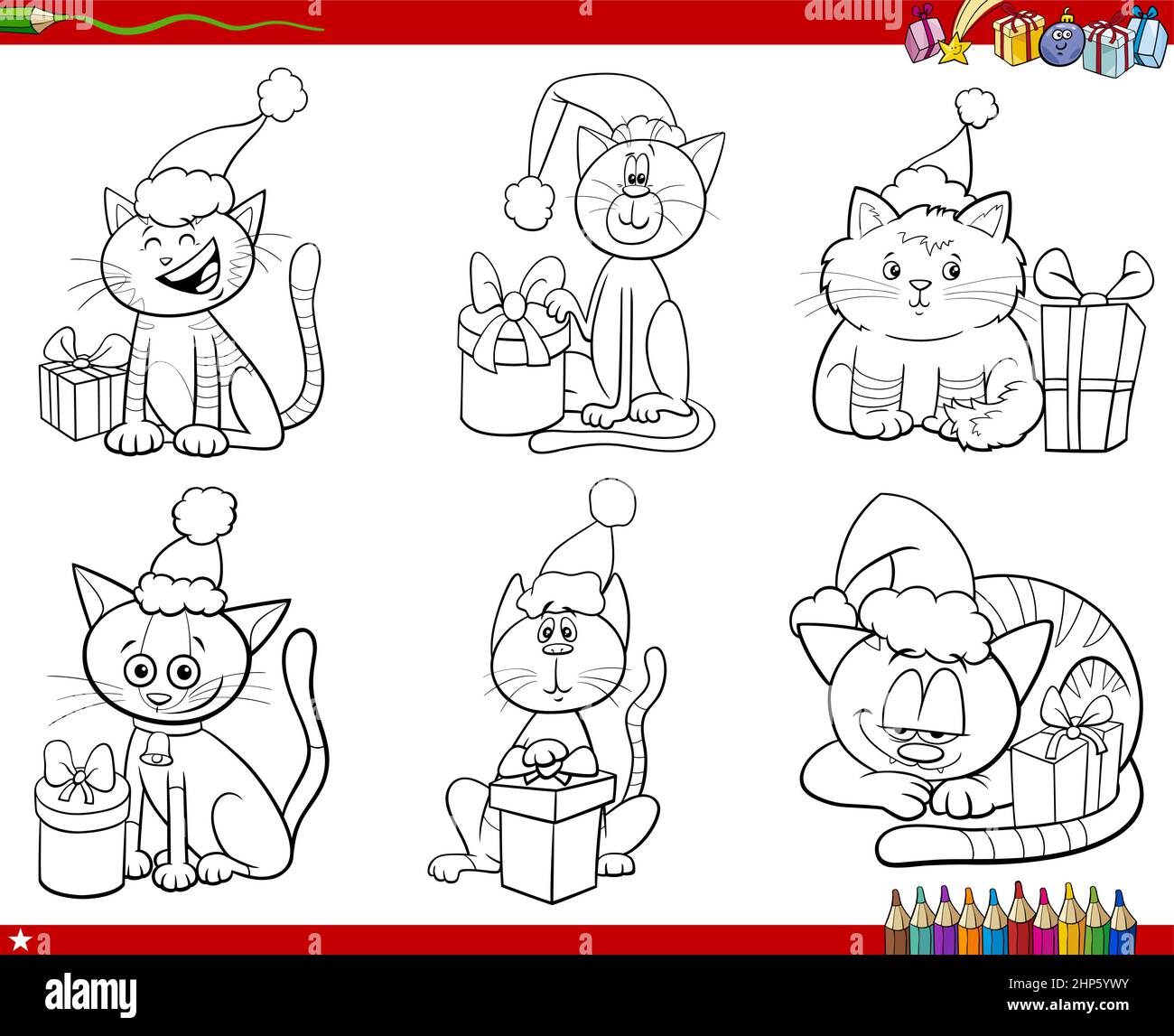 set of comic cats with Christmas gifts coloring book page Stock Vector ...