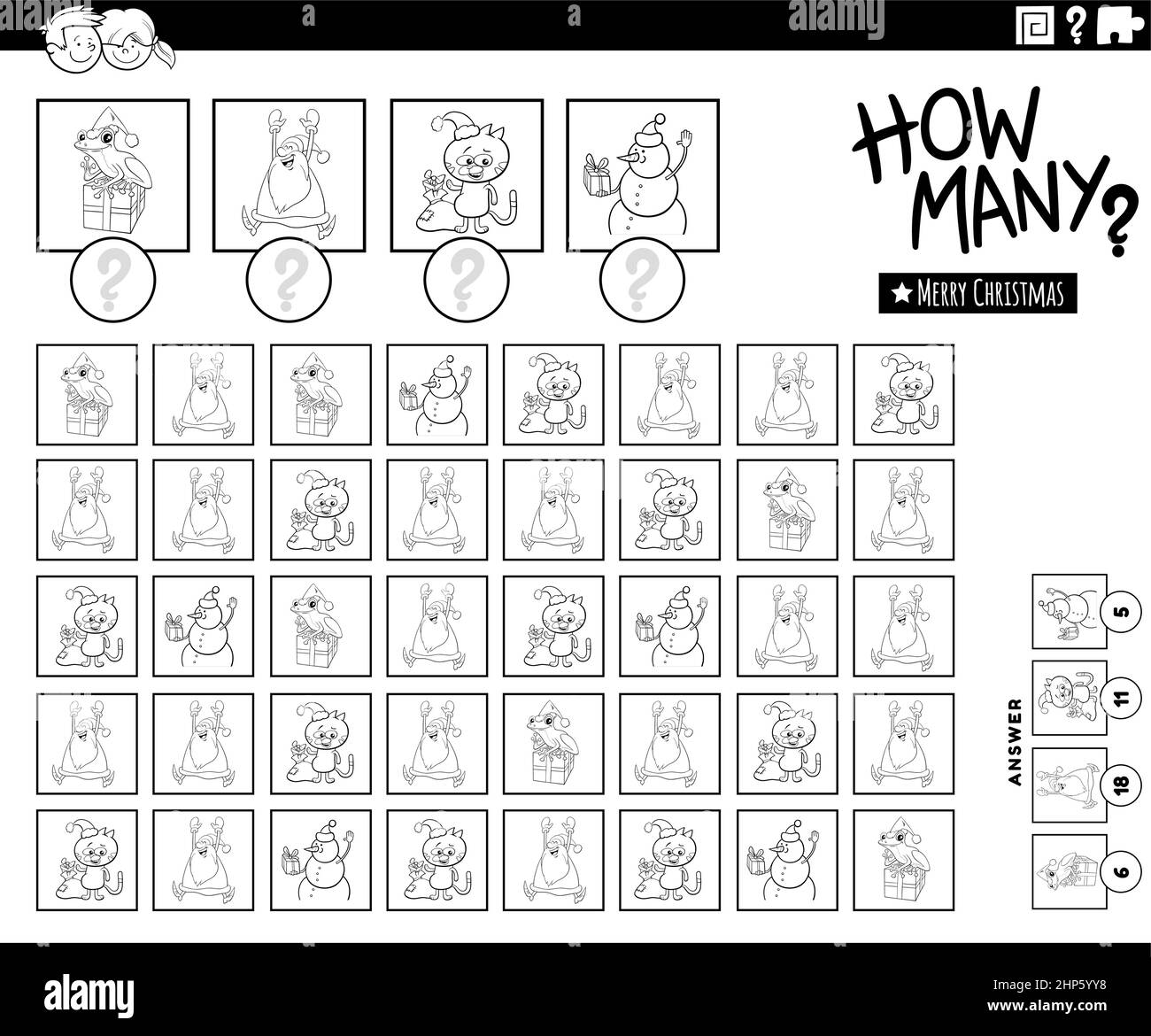 how many Christmas characters counting game color book page Stock ...